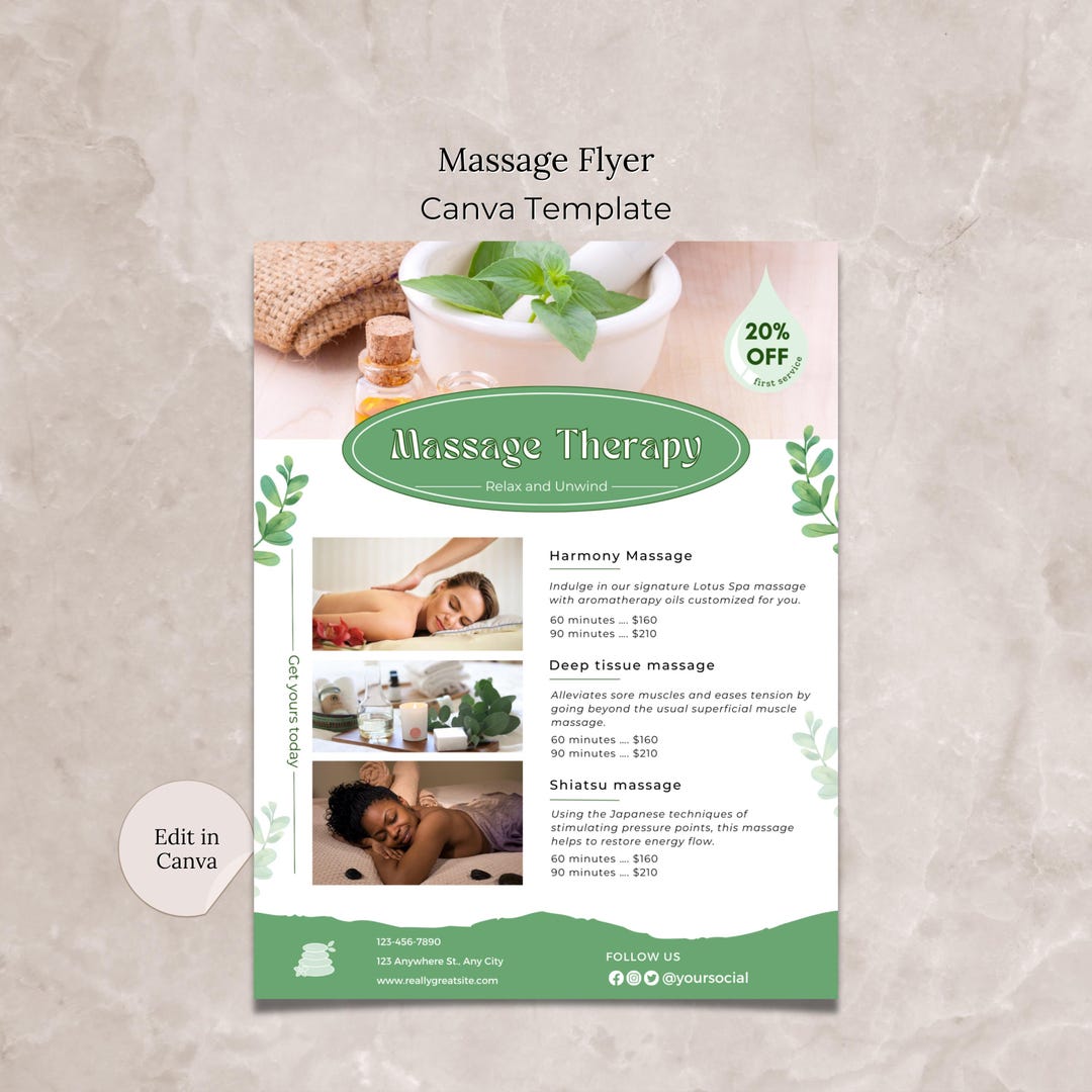 Massage Therapist Flyer Canva Templates Massagist Business Promotion 3080