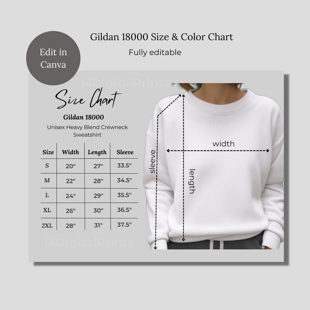 Editable Size Color Chart Canva Template, Sweatshirt Gildan 18000 Size ...