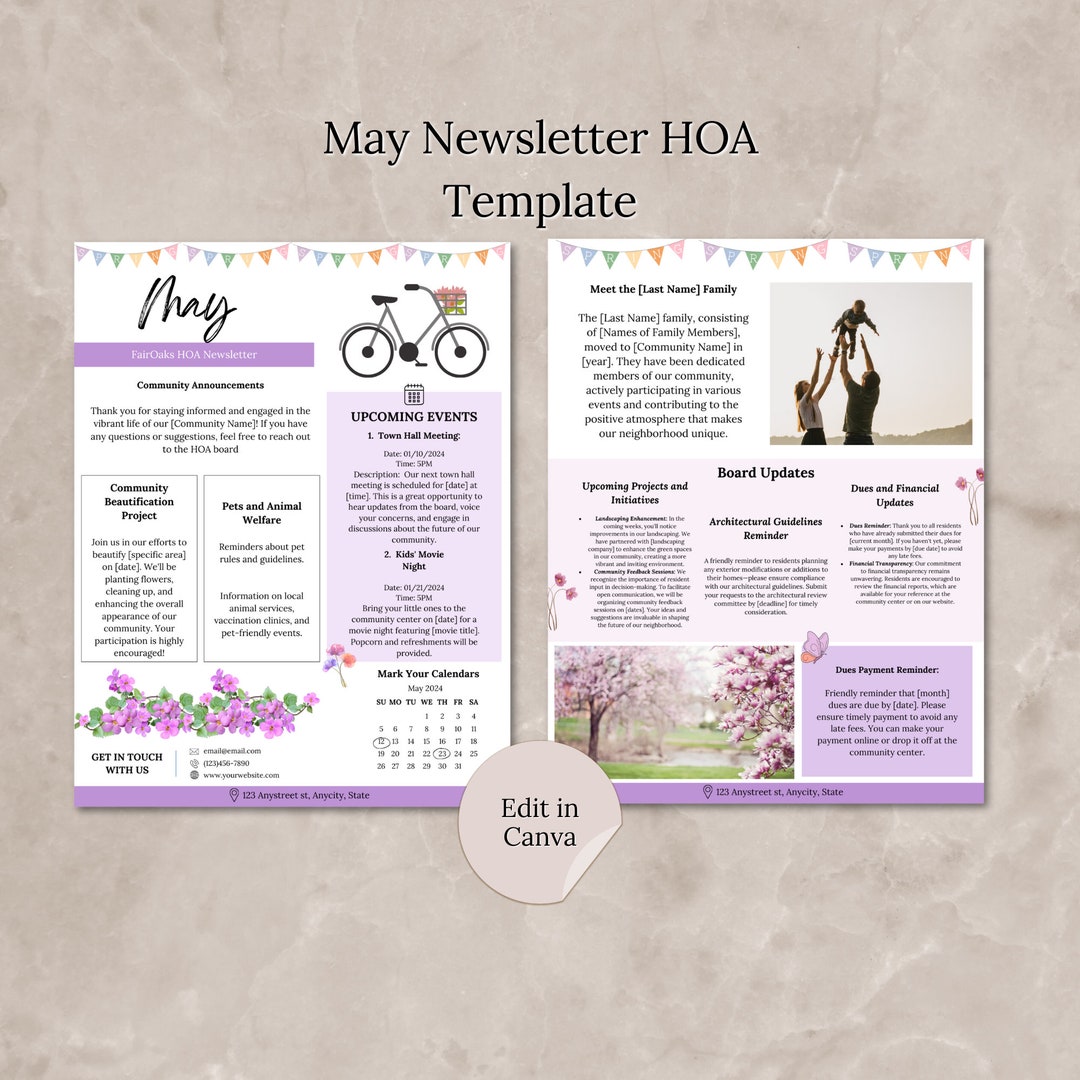 May HOA Newsletter Canva Template, Editable May Month Newsletter Page ...