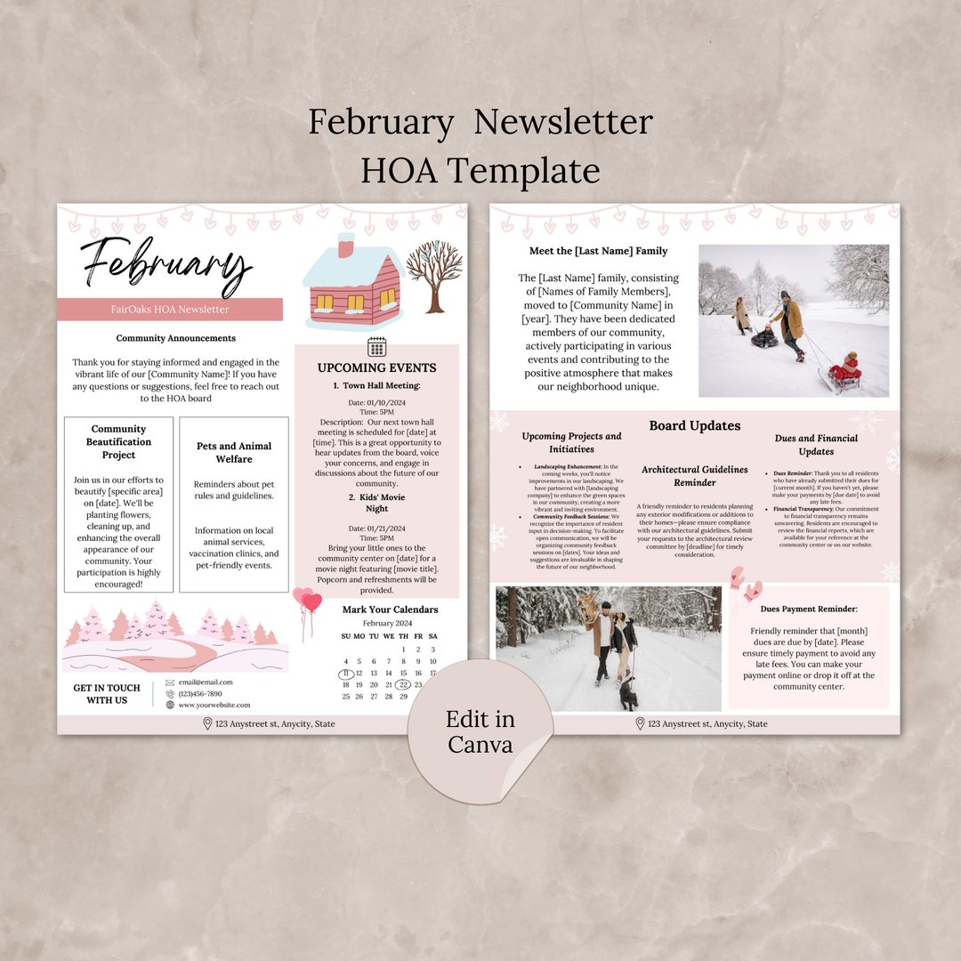 February HOA Newsletter Canva Template, Editable Valentines Month ...