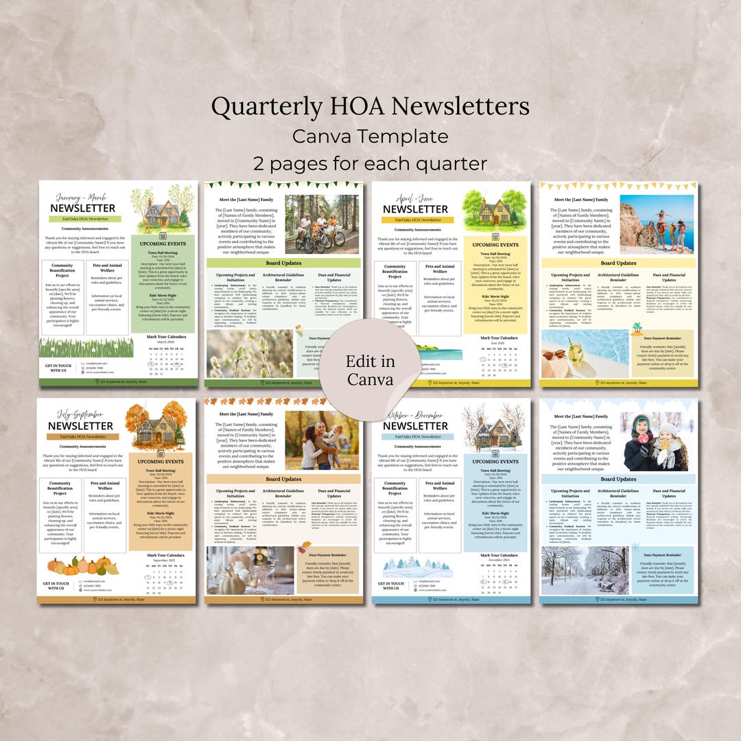 HOA Quarterly Newsletter Canva Template, Editable Full Year 2026 ...