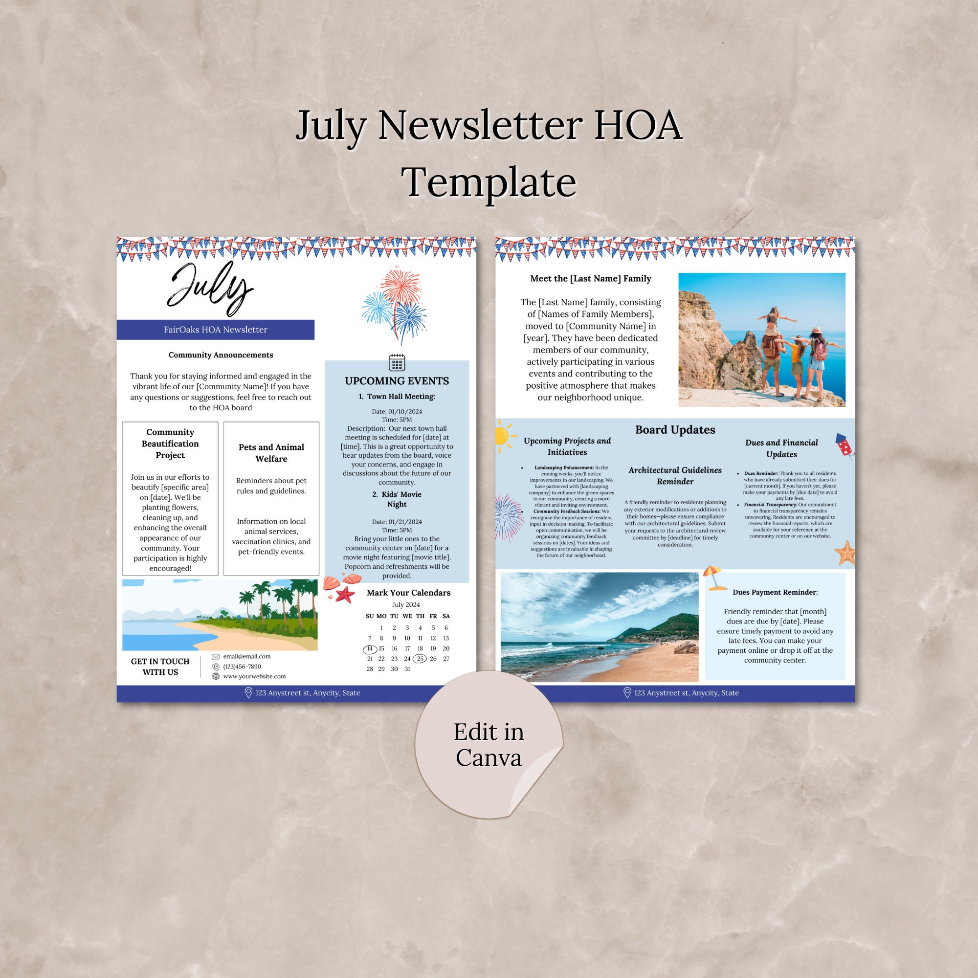 July HOA Newsletter Canva Template Editable 4th of July Newsletter ...