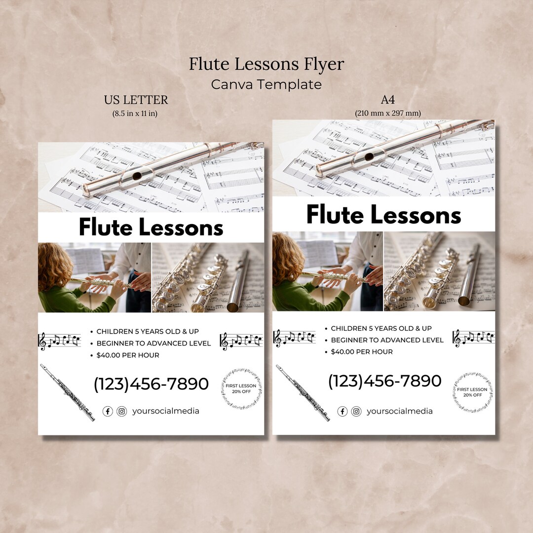 Flute Lessons Flyer Canva Template, Editable Flute Teacher Flyer, Flute ...
