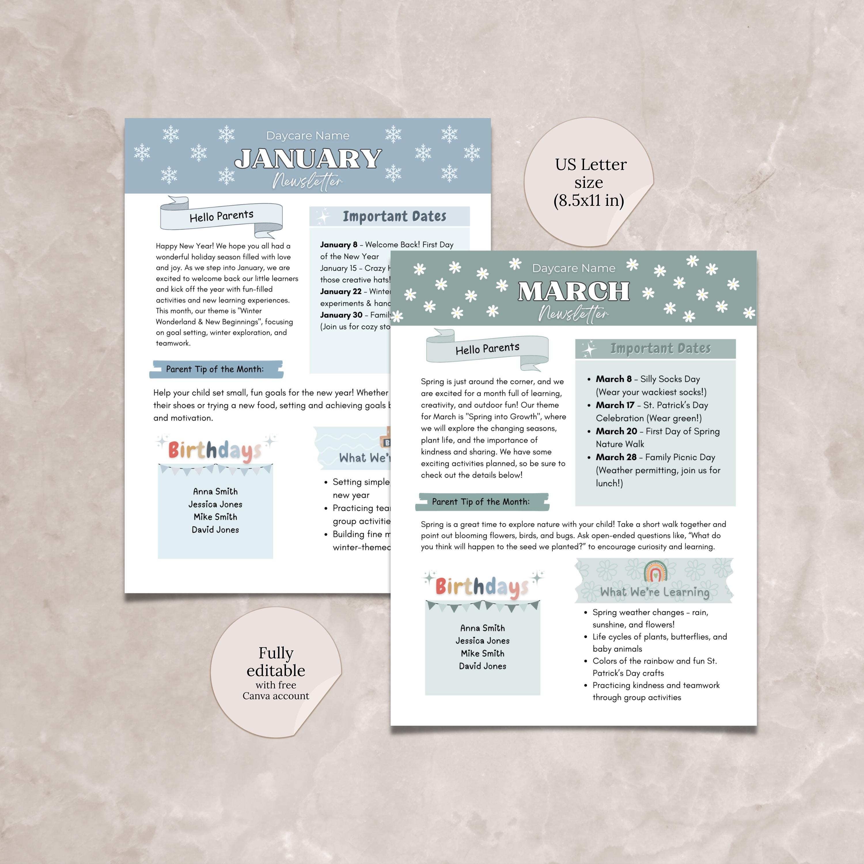 Daycare Monthly Newsletter Canva Template, Editable Preschool ...