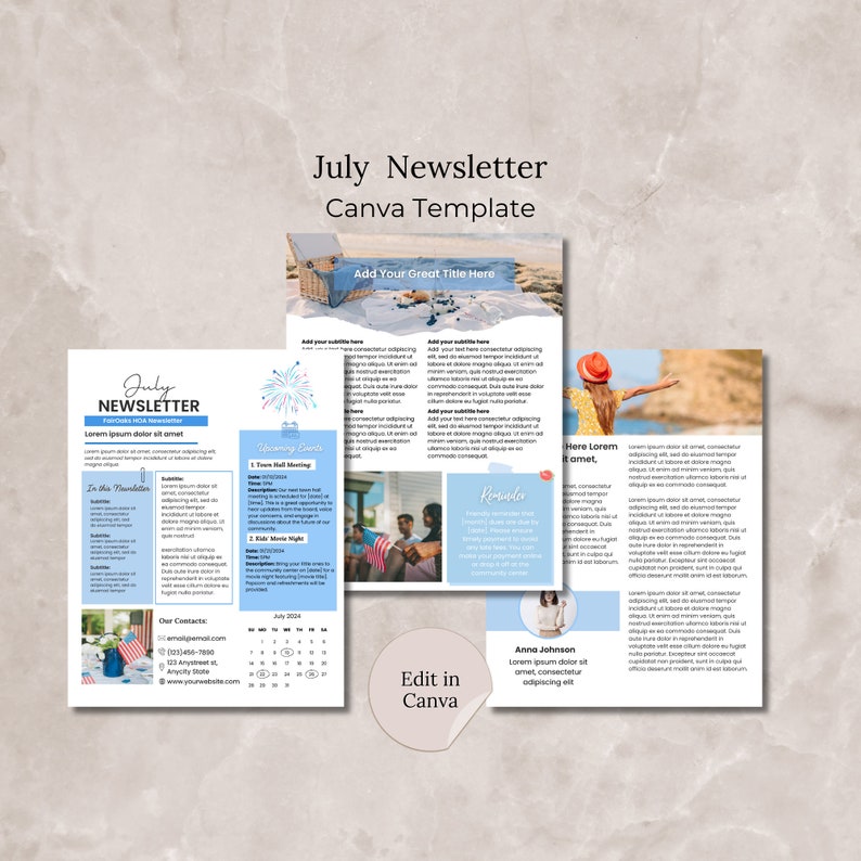 July HOA Newsletter Canva Template, Editable July Month Newsletter Page ...