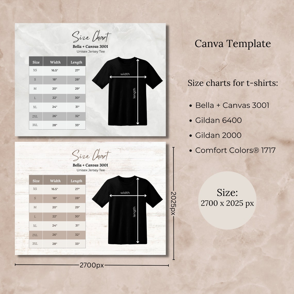 Editable Tshirt Size Guide Canva Template, Shirt Size Chart Bundle ...