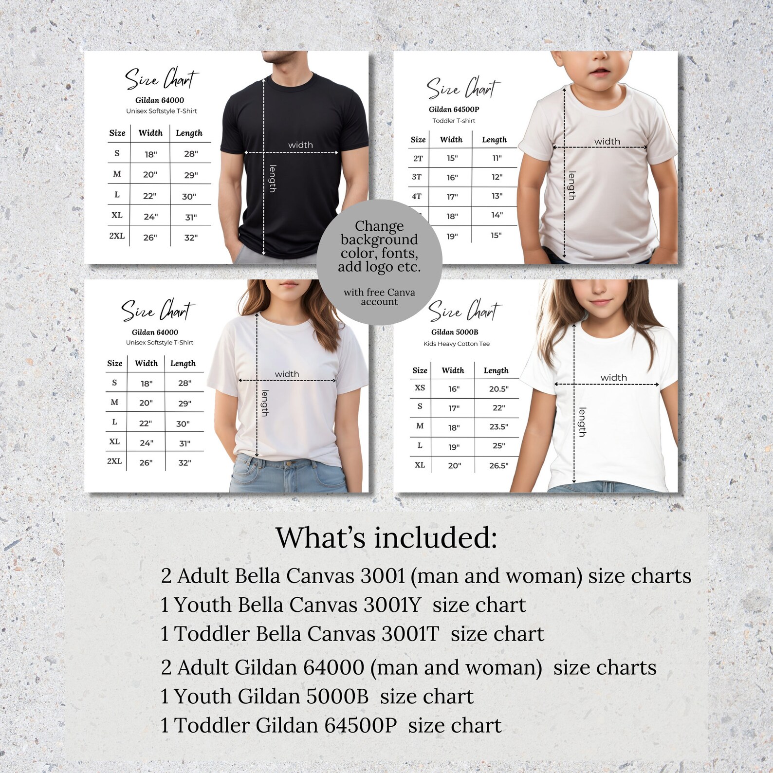 Editable Shirt Size Chart Bundle Canva Template, Bella Canvas 3001 and ...