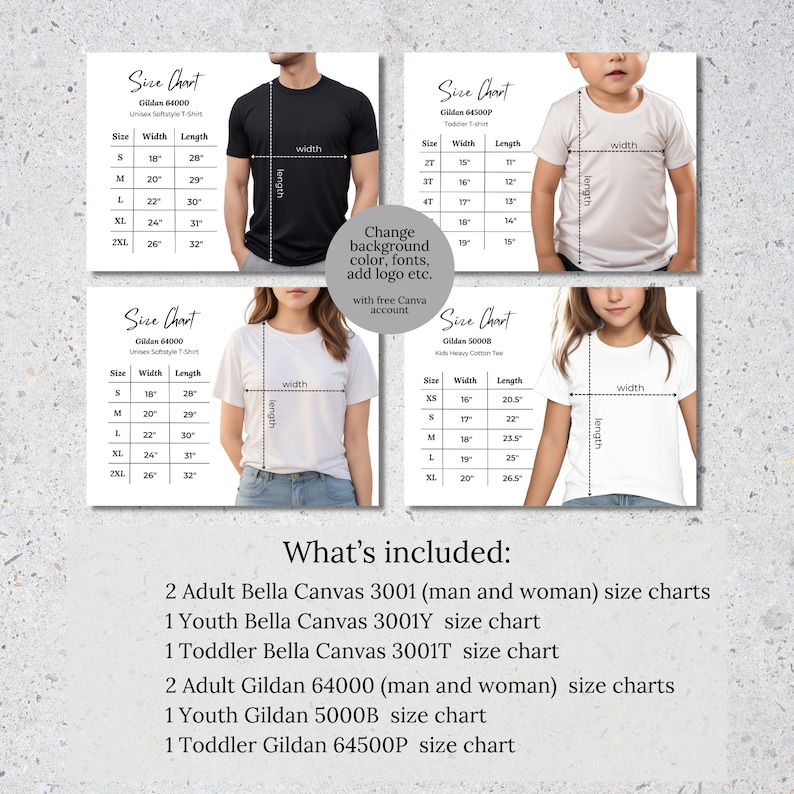 Editable Shirt Size Chart Bundle Canva Template, Bella Canvas 3001 and ...
