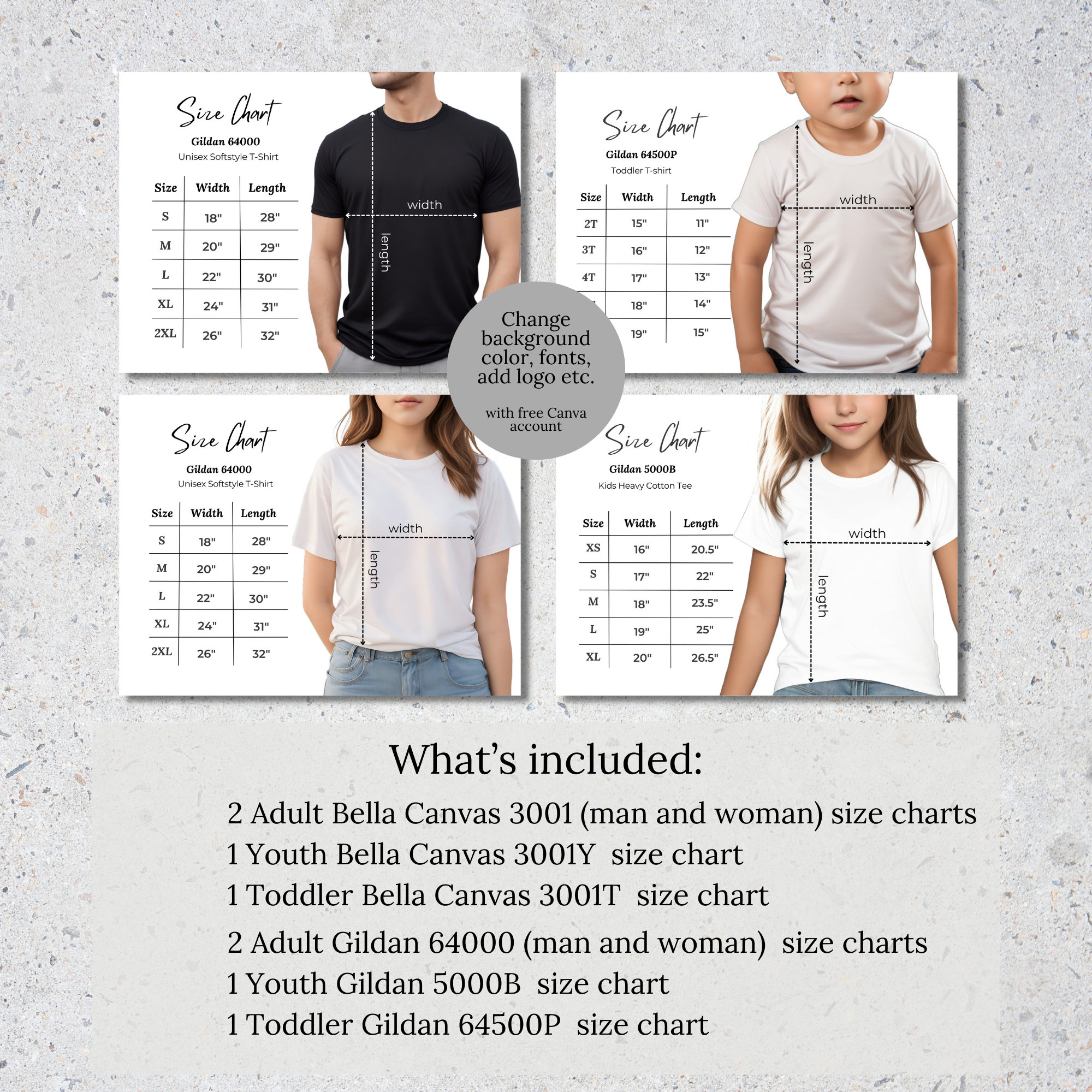 Editable Shirt Size Chart Bundle Canva Template, Bella Canvas 3001 and ...