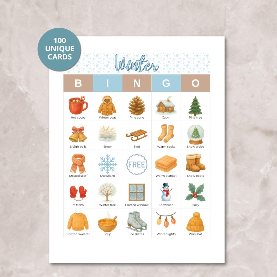 Winter Bingo Cards 100 Unique Cards Digital Download - Etsy