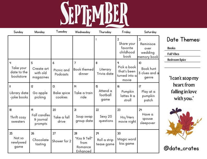 September Date Night Calendar - Etsy Australia