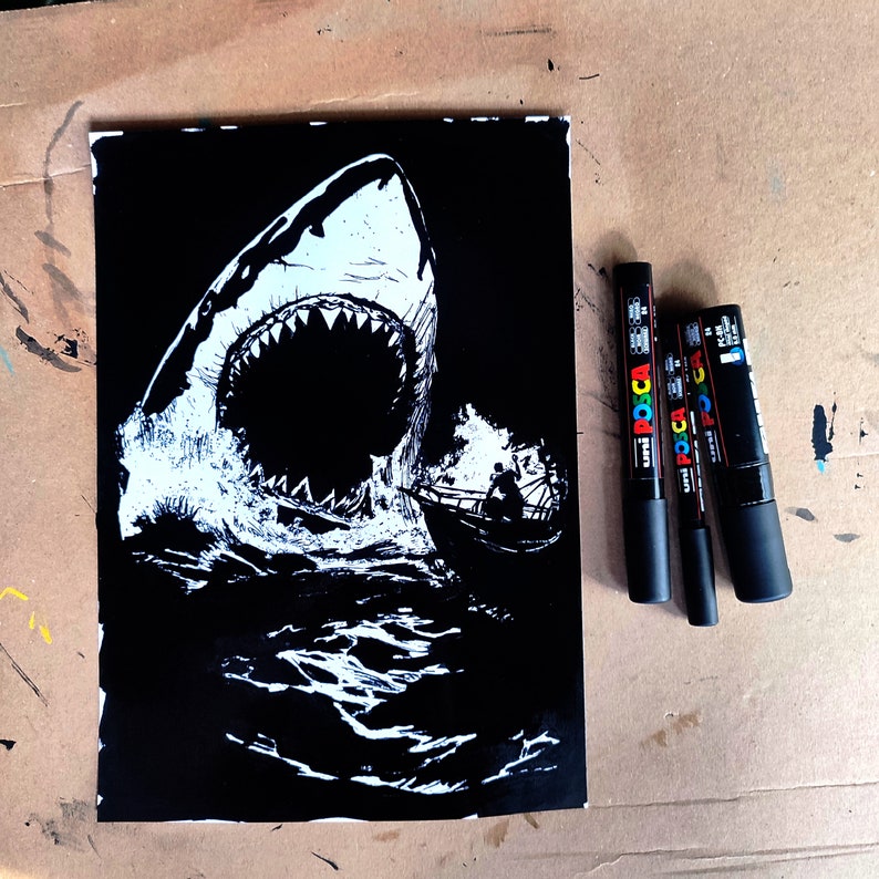 Jaws, Ink Illustration, Shark, Movie Art ,posca, Gift, Birthday, A4, A3 ...