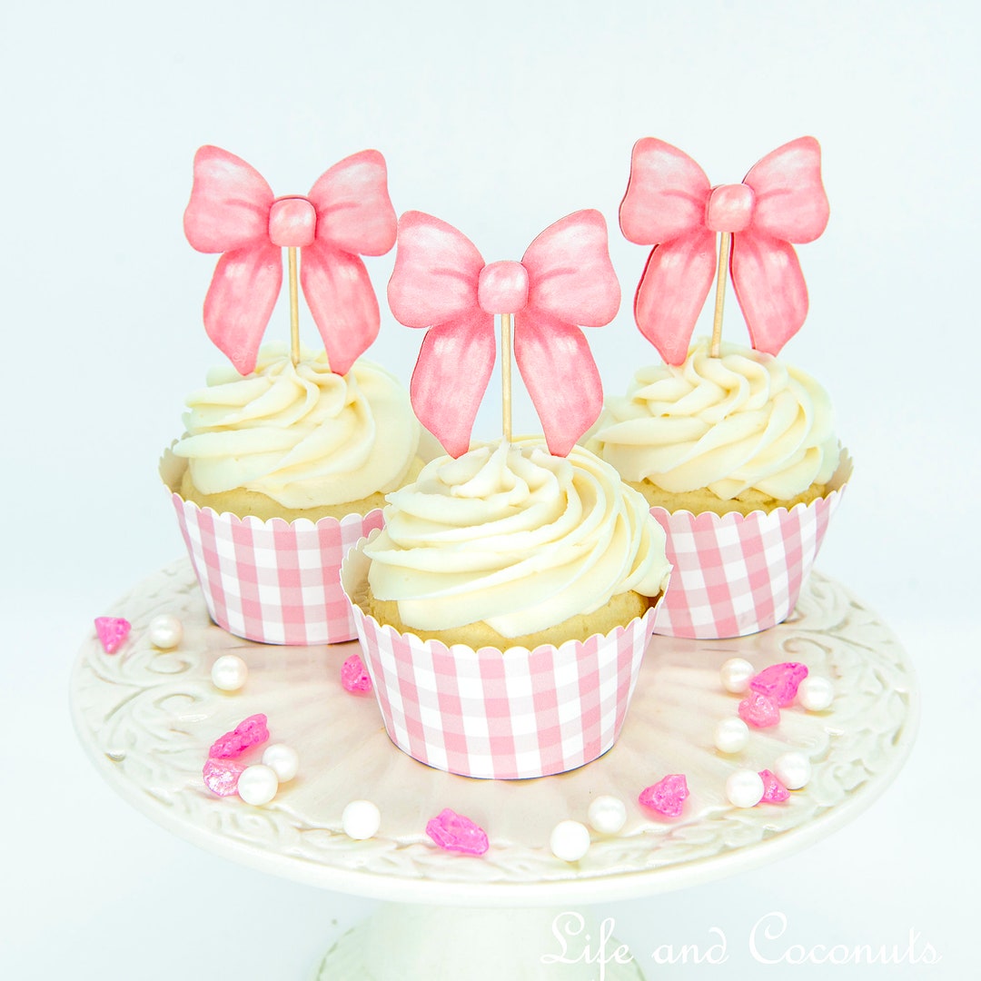 Watercolor Pink Bow Cupcake Toppers, Pink Bow Party Decor, Pink Bow ...