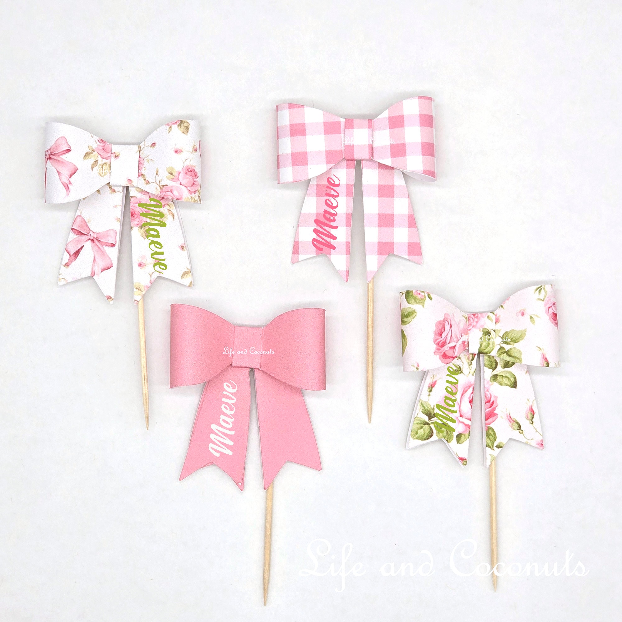 Personalized Pink Bow Cupcake Toppers: Floral & Gingham Party Decor - Etsy