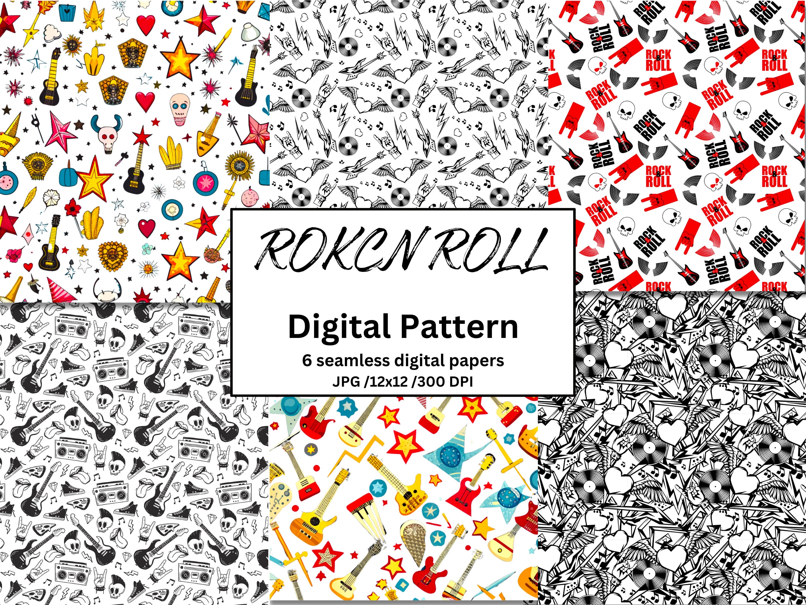 Rock & Roll Digital Paper Patterns: Music Punk Wallpaper, Scrapbook ...