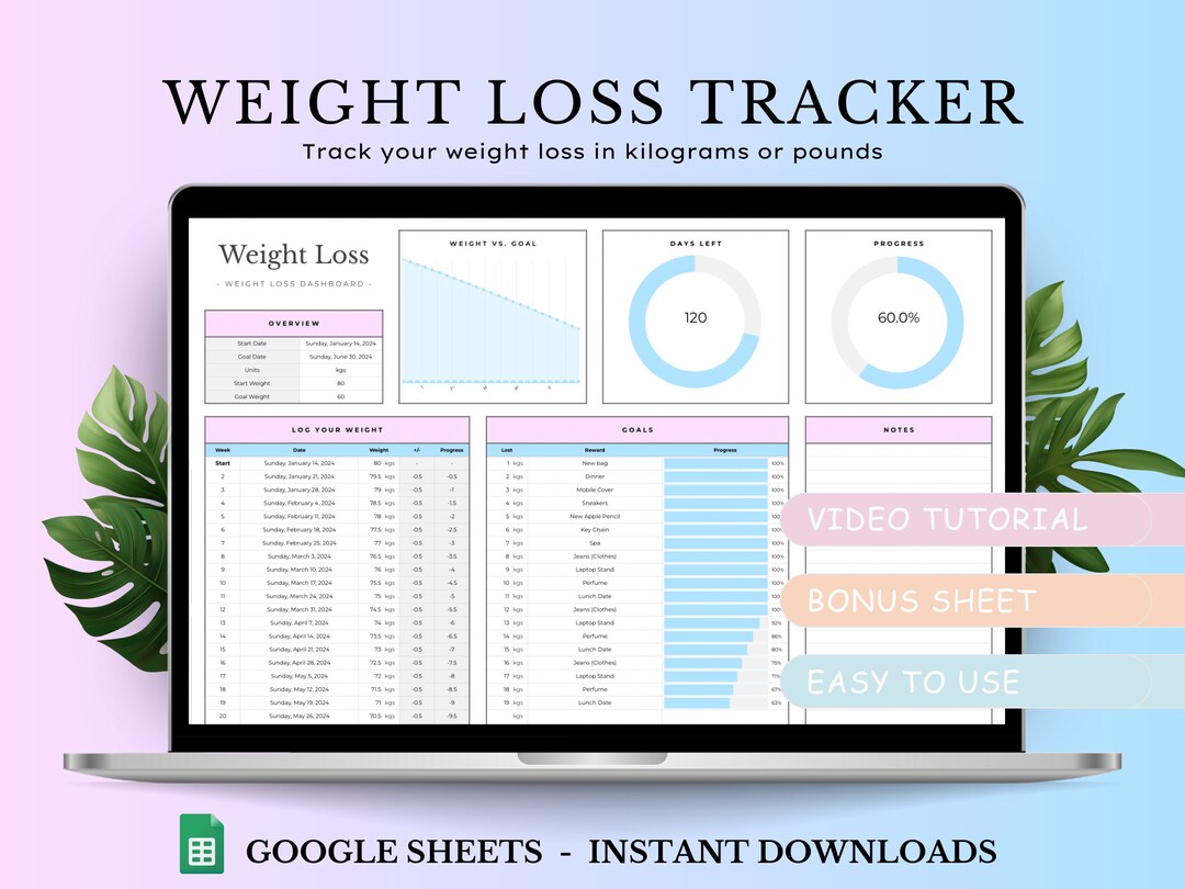 Weight Loss Tracker Spreadsheet for Google Sheets, Weight Journal ...