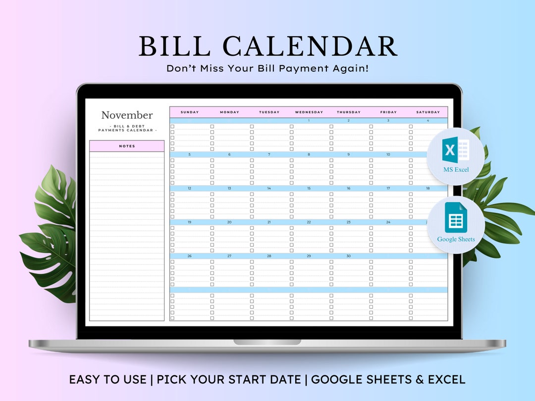 Bill Calendar Spreadsheet Template for Google Sheets & Excel, Bill ...