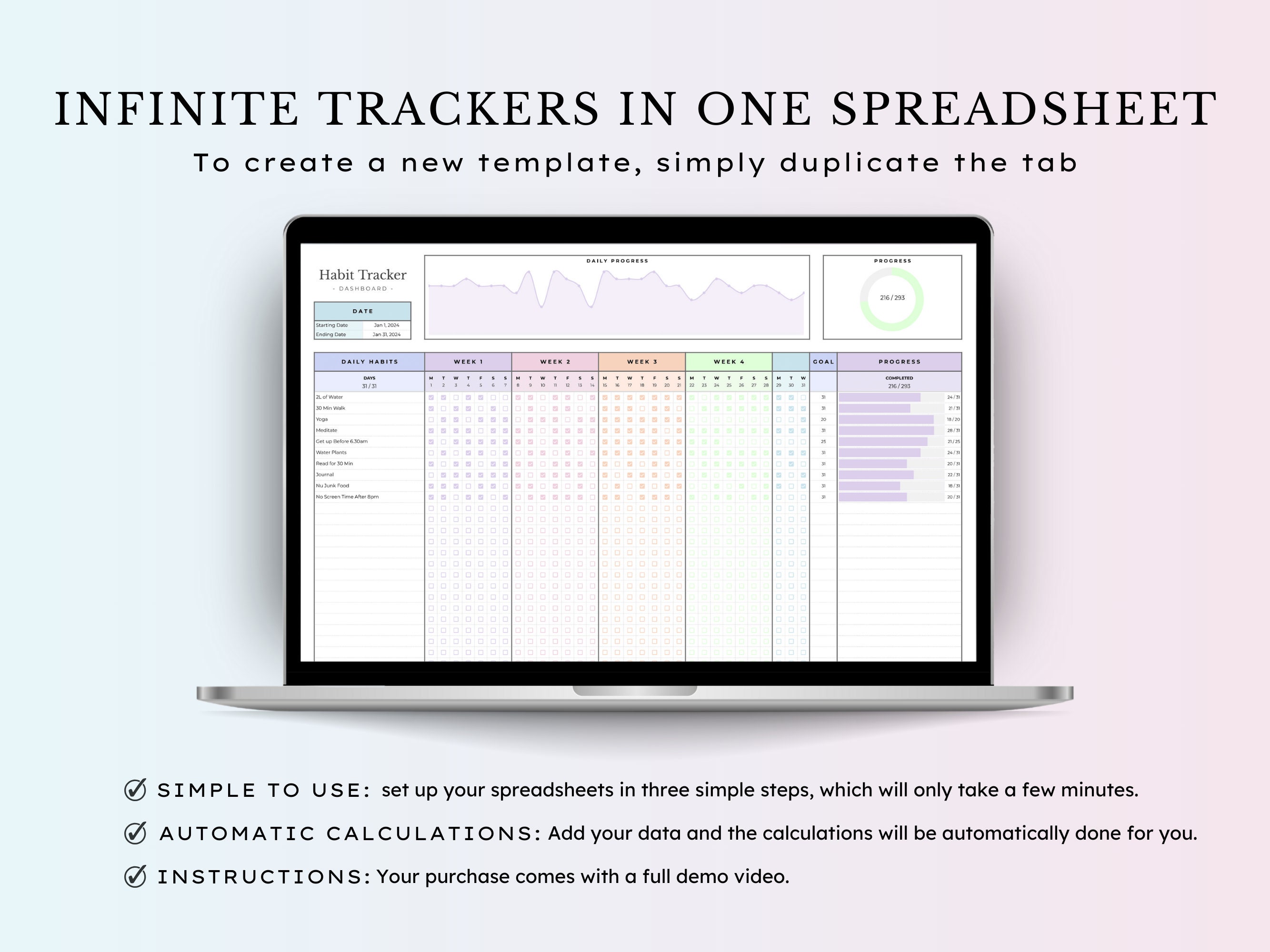 Habit Tracker Spreadsheet for Google Sheets, Weekly Habits, Daily Habit ...