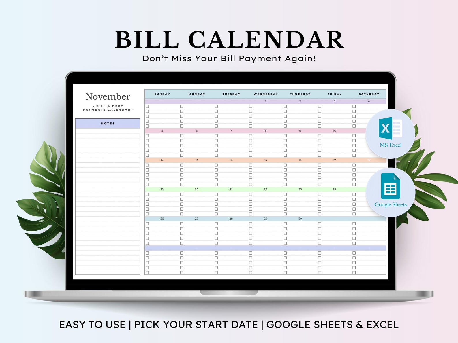 Bill Tracker Spreadsheet, Excel Google Sheets Bill Calendar, Monthly ...