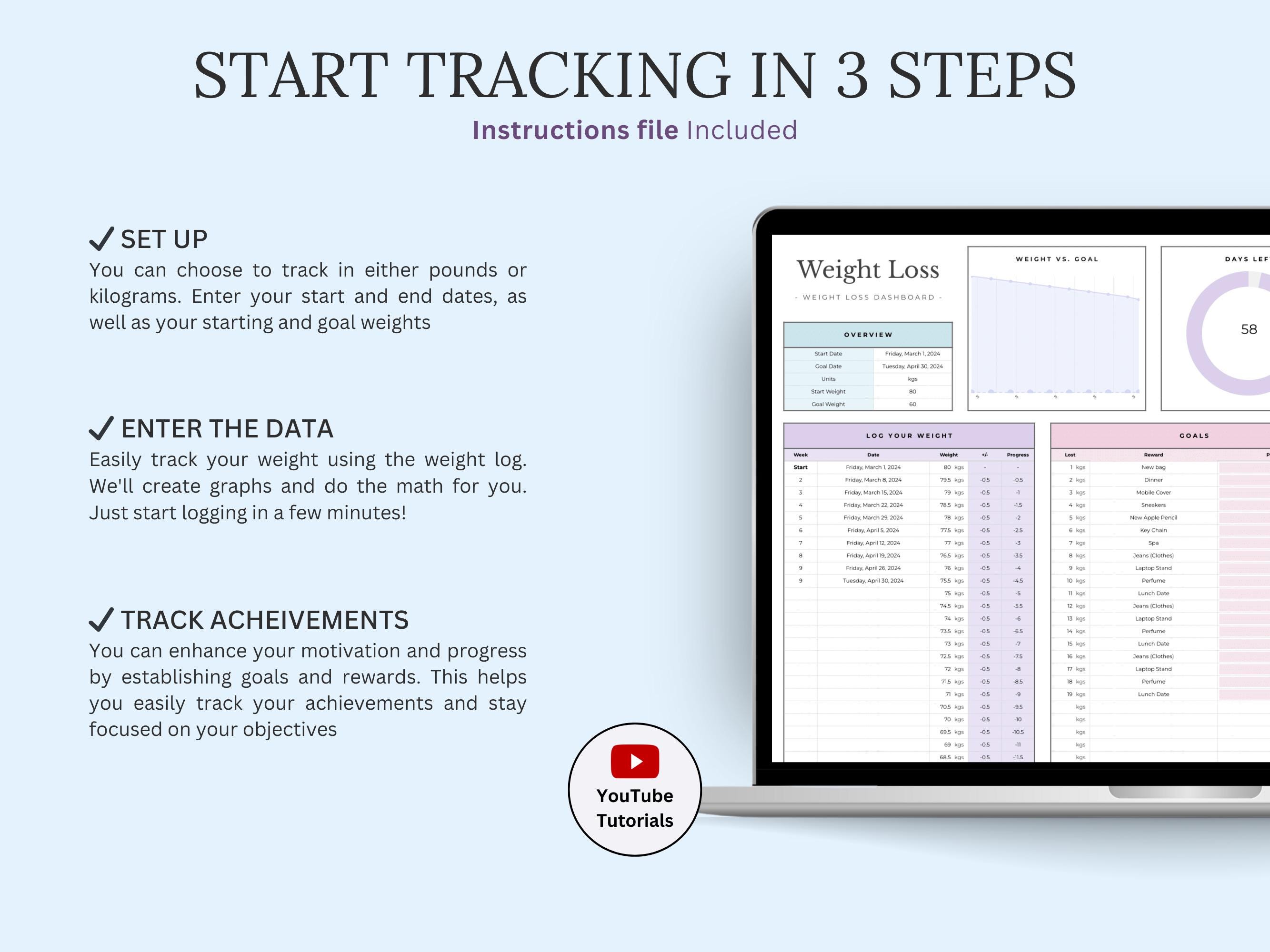 Weight Loss Tracker Spreadsheet for Google Sheets, Weight Journal, Weight Loss Planner, Daily ...