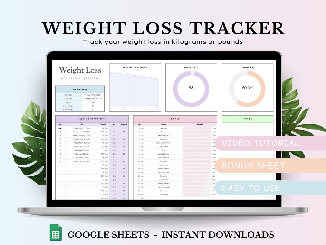 Weight Loss Tracker Spreadsheet for Google Sheets, Weight Journal ...