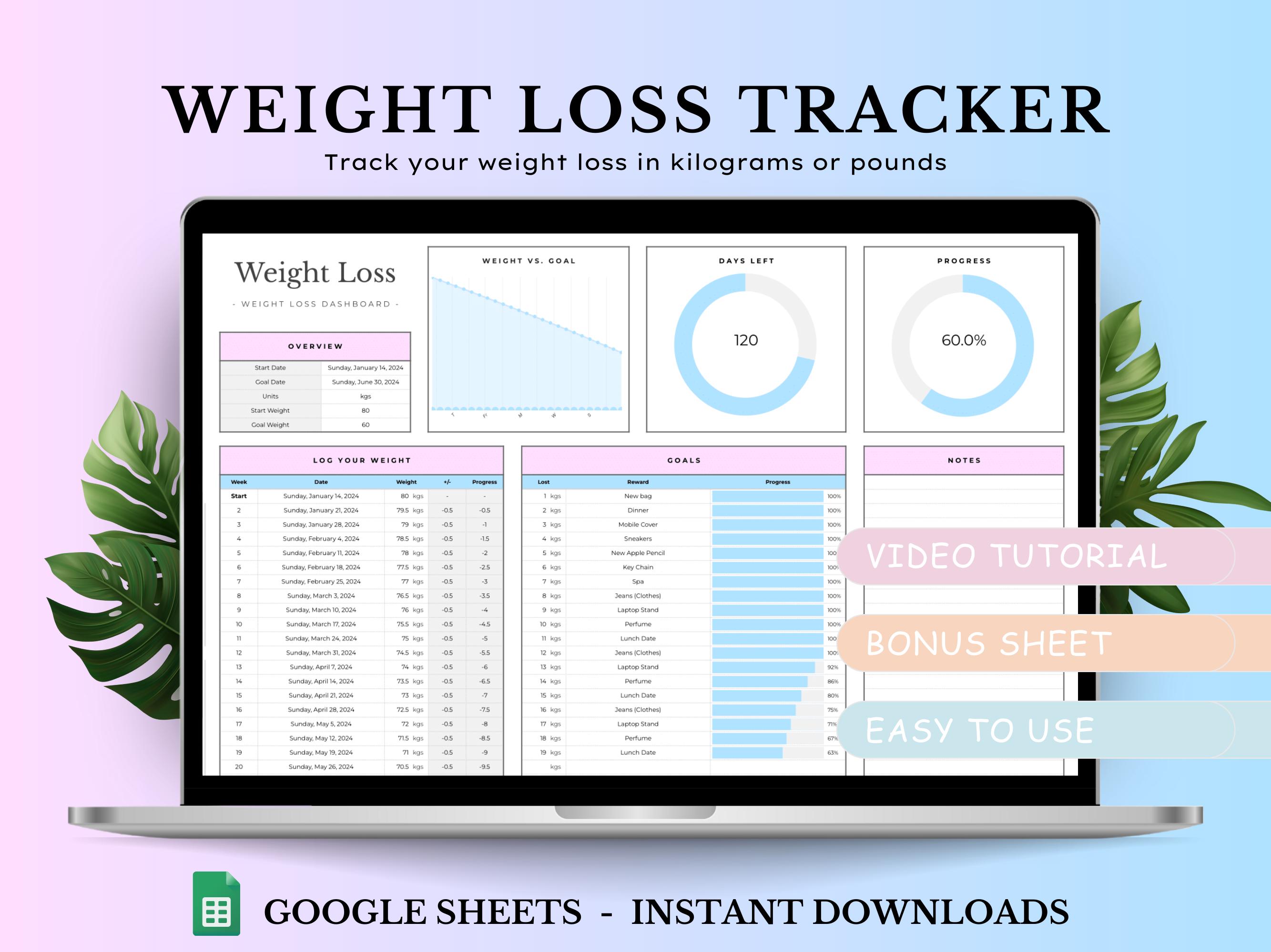 Weight Loss Tracker Spreadsheet for Google Sheets, Weight Journal ...