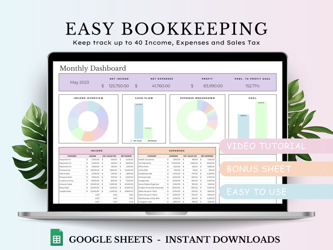 Small Business Bookkeeping Template, Easy Income and Expense Tracker ...