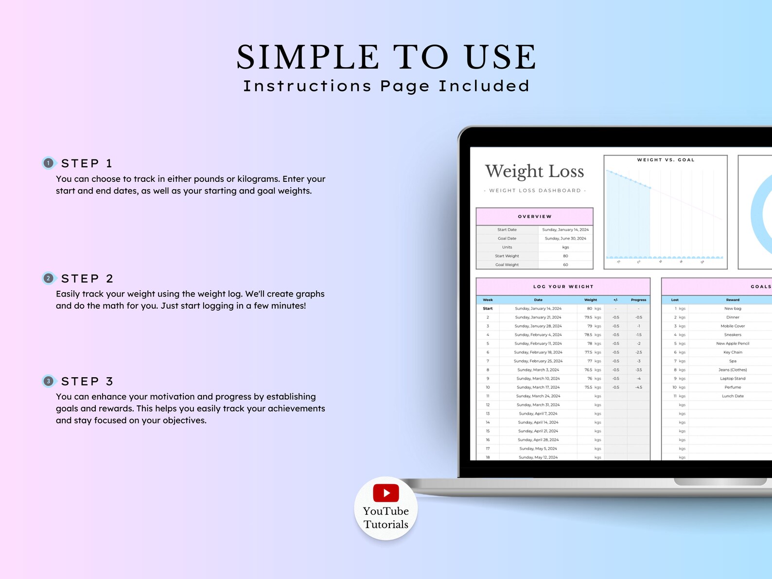 Weight Loss Tracker Spreadsheet for Google Sheets, Weight Journal ...
