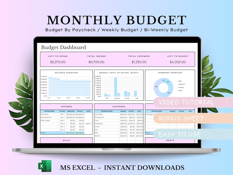Monthly Budget Spreadsheet, Excel Template, Paycheck Budget Planner ...