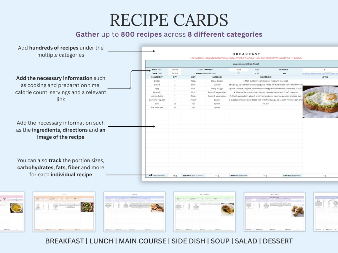 Recipe Organizer Spreadsheet Meal Planner Digital Recipe Book Automatic ...