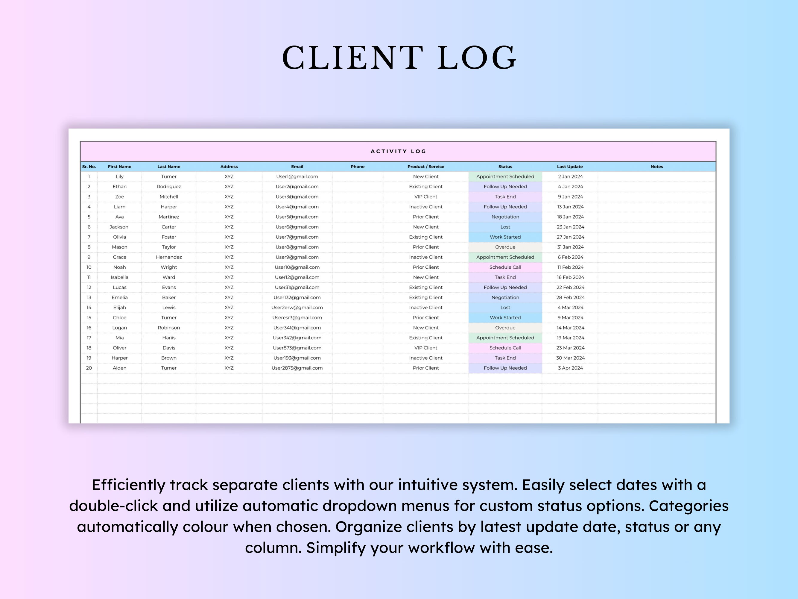 Client Tracker Spreadsheet, Client Management Google Sheets, Small ...
