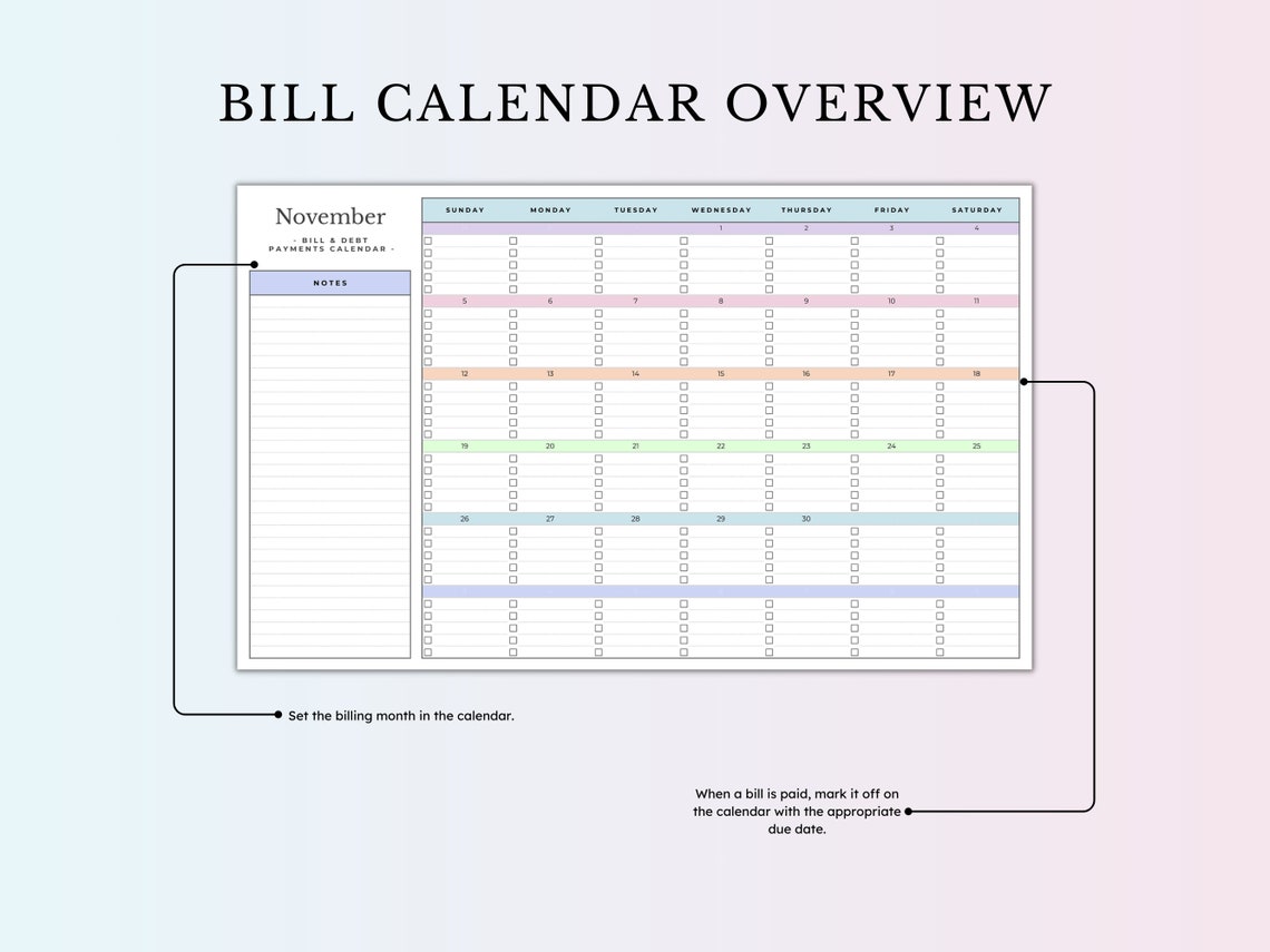 Bill Tracker Spreadsheet, Excel Google Sheets Bill Calendar, Monthly ...