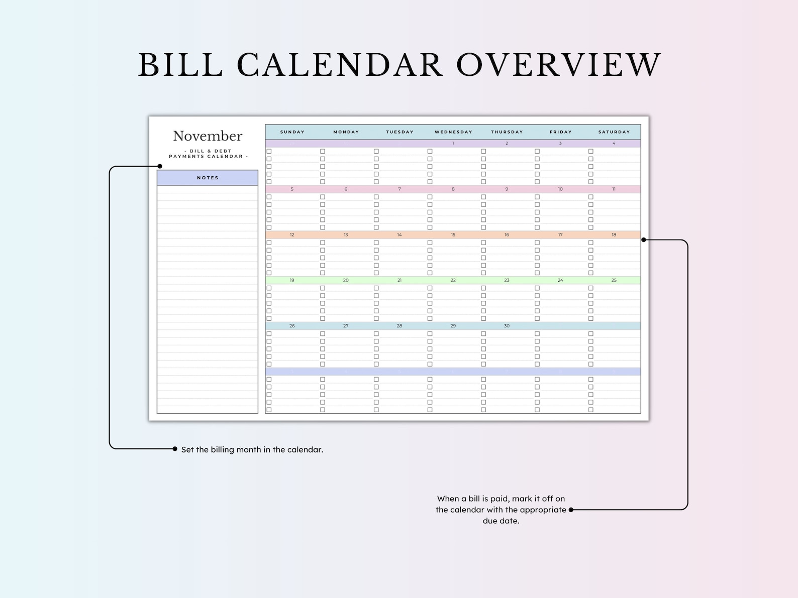 Bill Tracker Spreadsheet, Excel Google Sheets Bill Calendar, Monthly ...