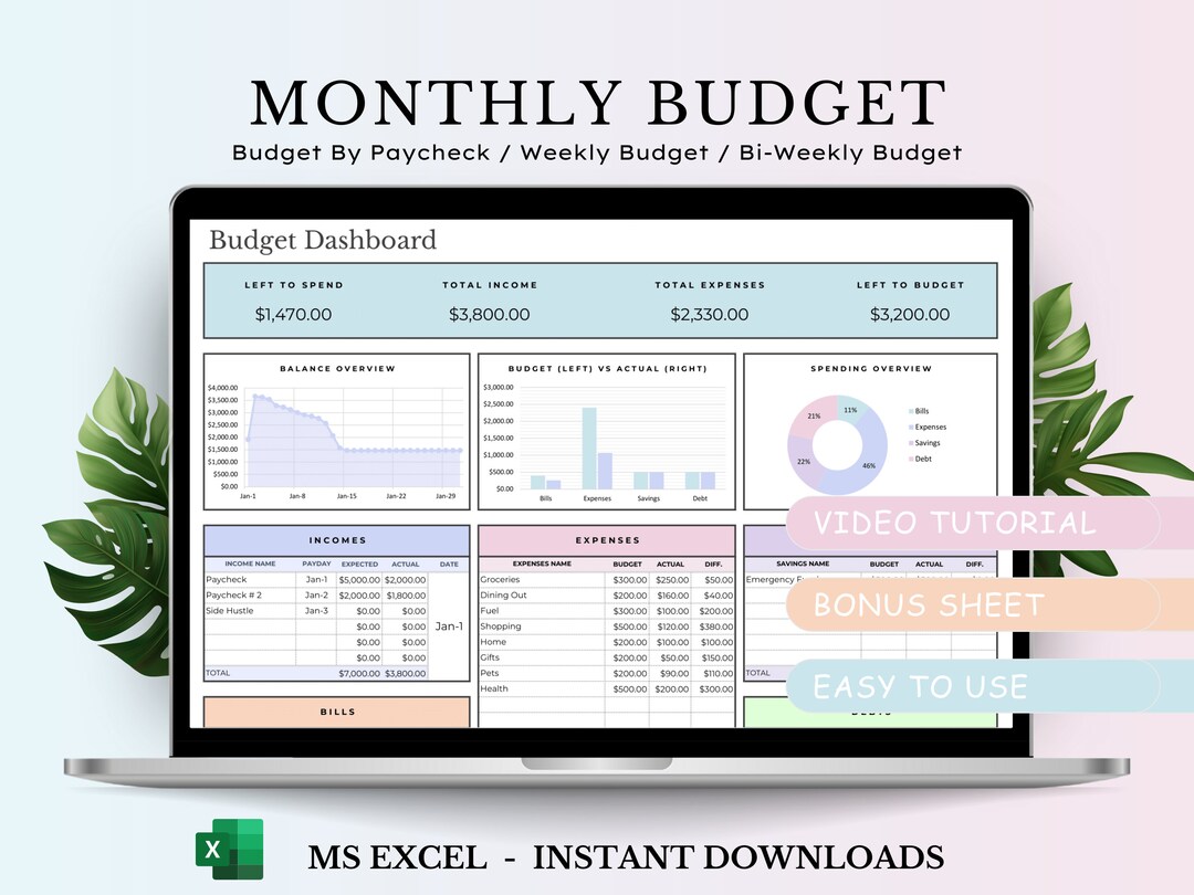 Monthly Budget Spreadsheet Template for Excel, Financial Planner ...