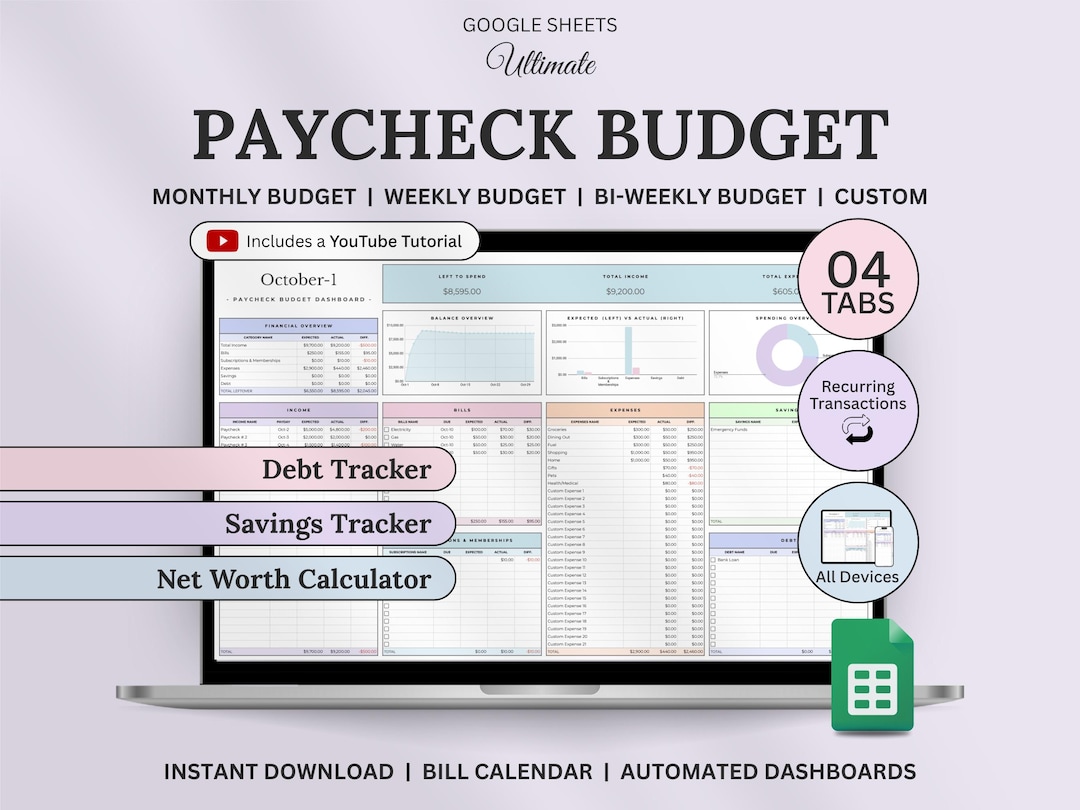 Paycheck Budget Spreadsheet, Google Sheets Budget Template, Budget by ...
