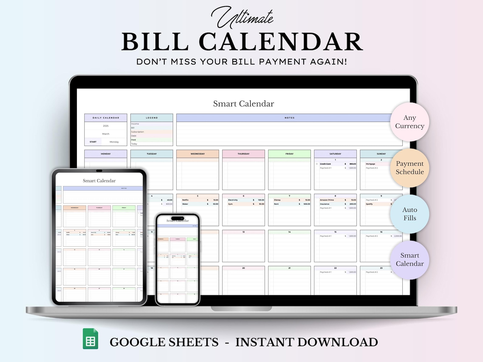 Bill Tracker Spreadsheet, Google Sheets, Bill Calendar, Monthly Smart ...