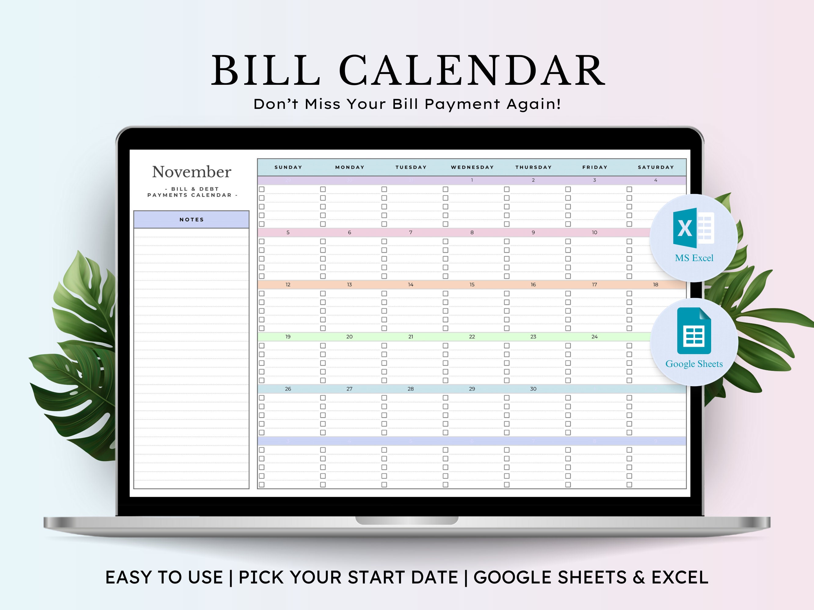 Bill Tracker Spreadsheet, Excel Google Sheets Bill Calendar, Monthly ...