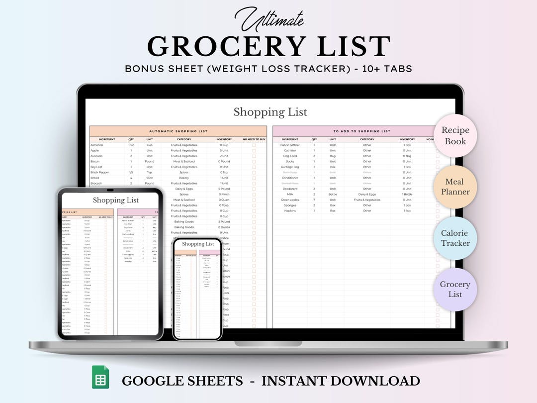 Automated Grocery List Spreadsheet Template Google Sheets Digital ...
