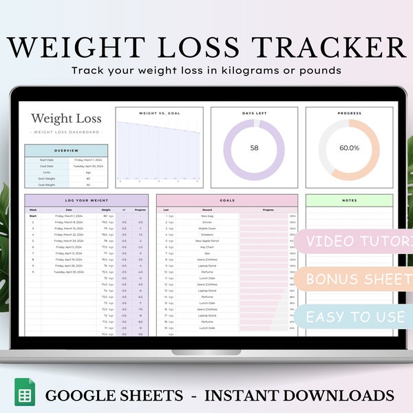 Weight Loss Tracker Spreadsheet for Google Sheets, Body Measurement Log ...