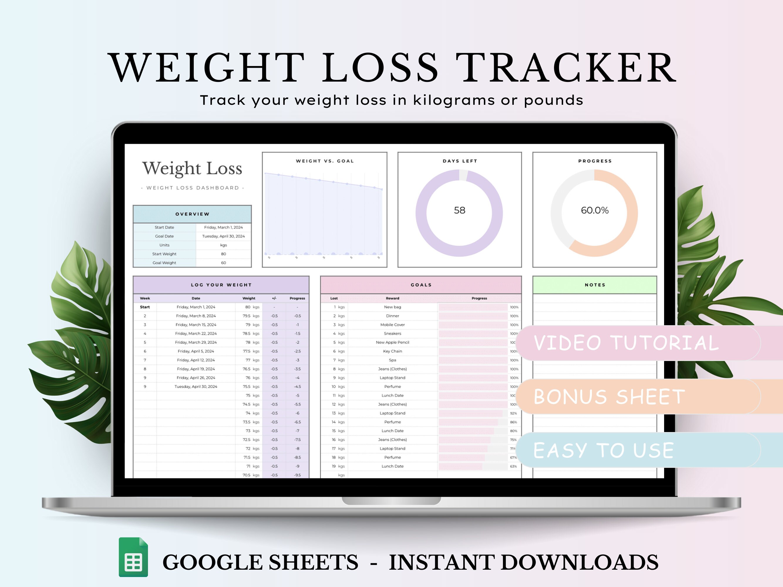 Weight Loss Tracker Spreadsheet for Google Sheets, Weight Journal ...