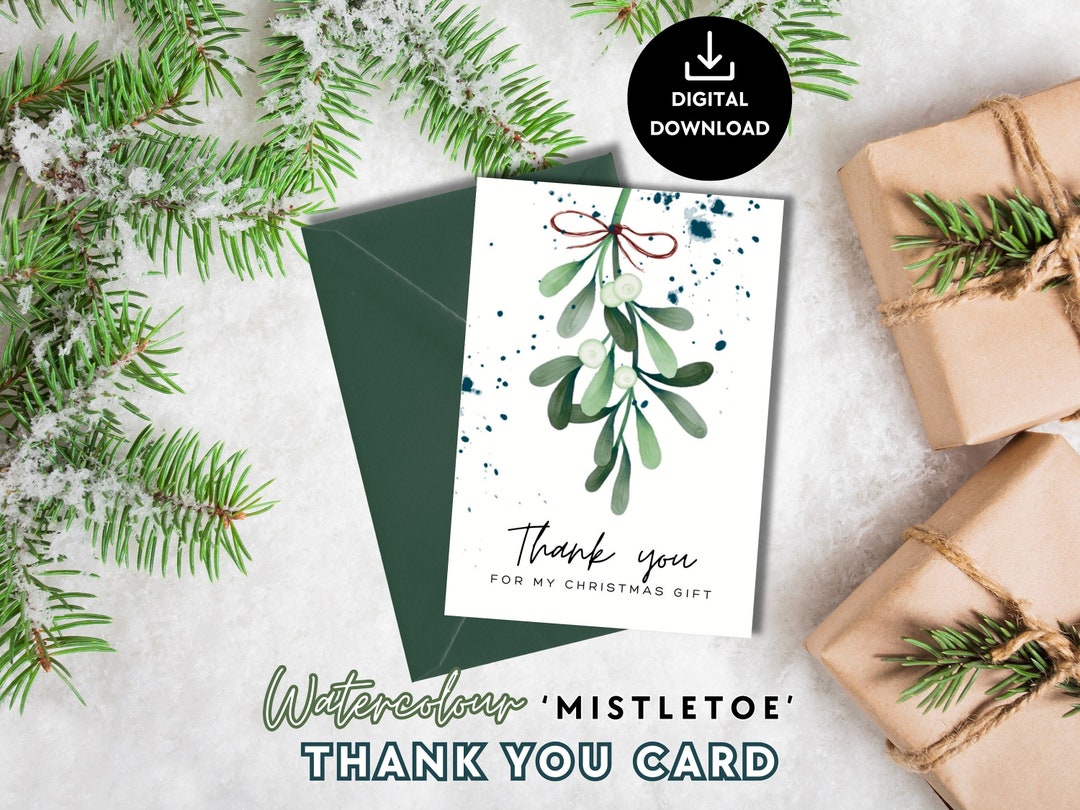 Christmas Thank You Card, Watercolour Mistletoe Card, Small, Simple ...