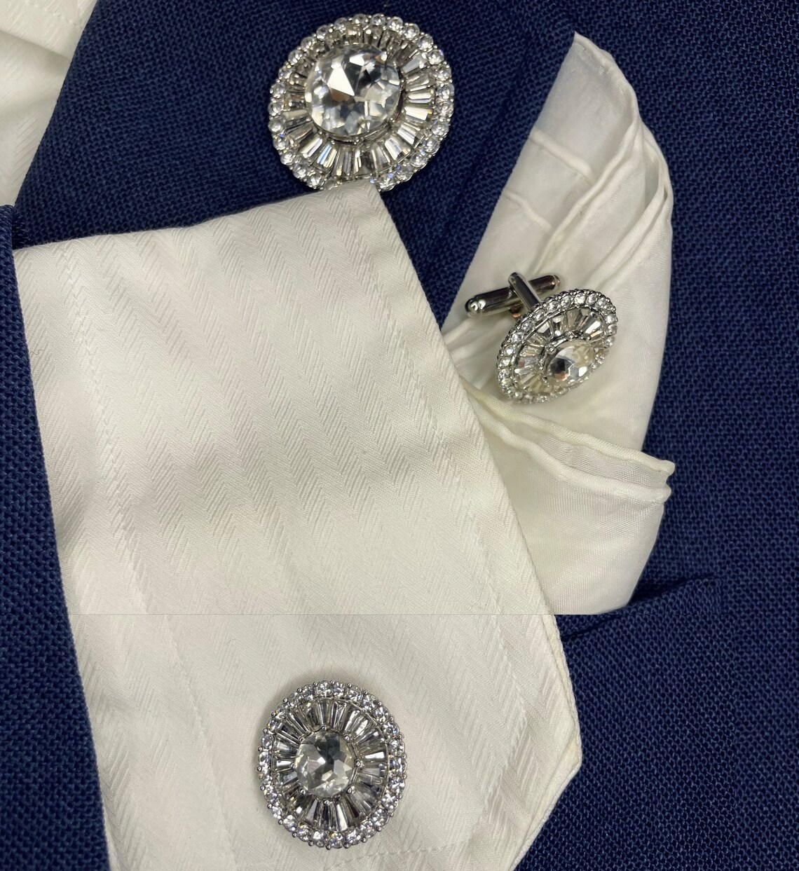 Large Diamond Crystal Cufflink and Lapel Pin 3pc Set - Etsy