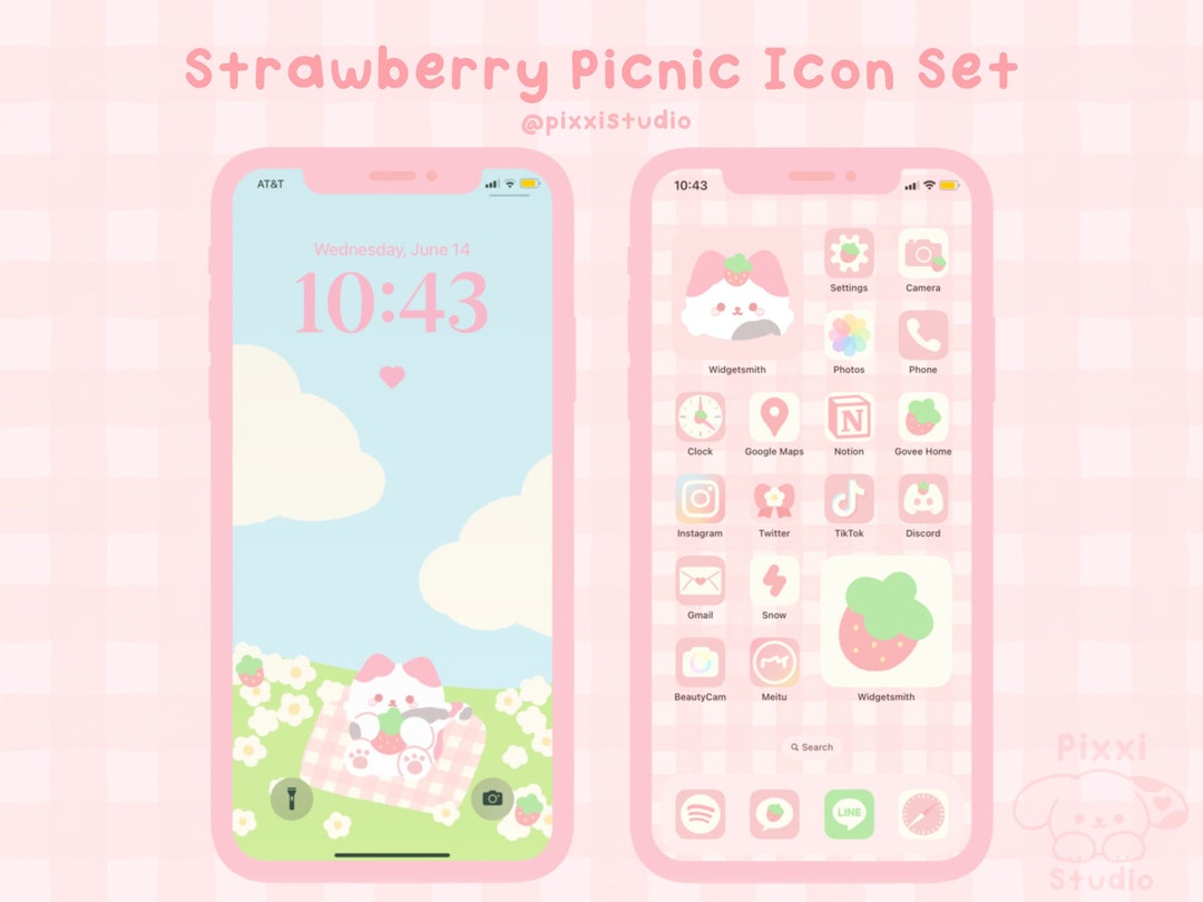 Cute Strawberry App Icon Set, Cottagecore Strawberry Icon Theme, Pink ...