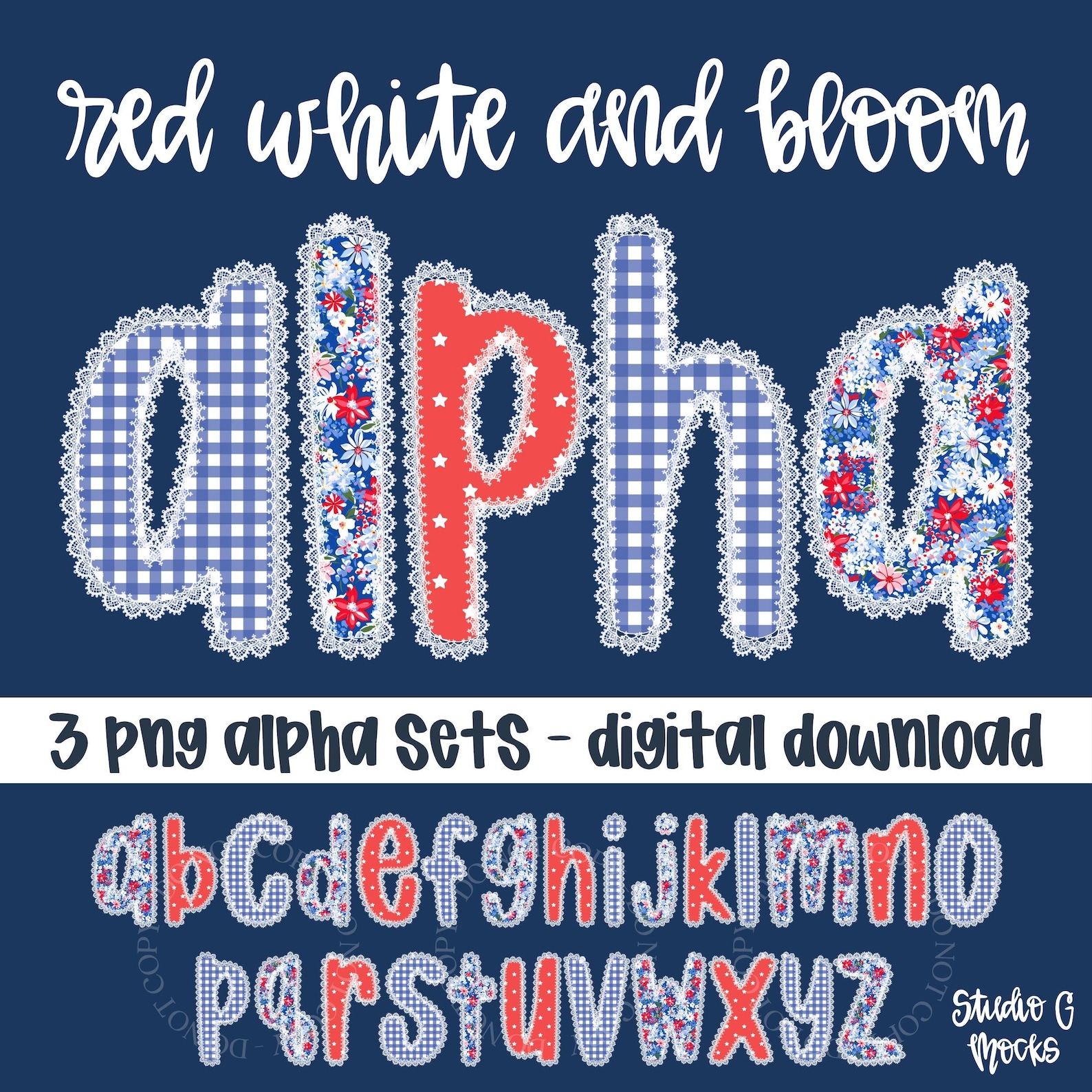 Patriotic Lace Alpha PNG Digital Download, Fourth of July Alphabet Set ...