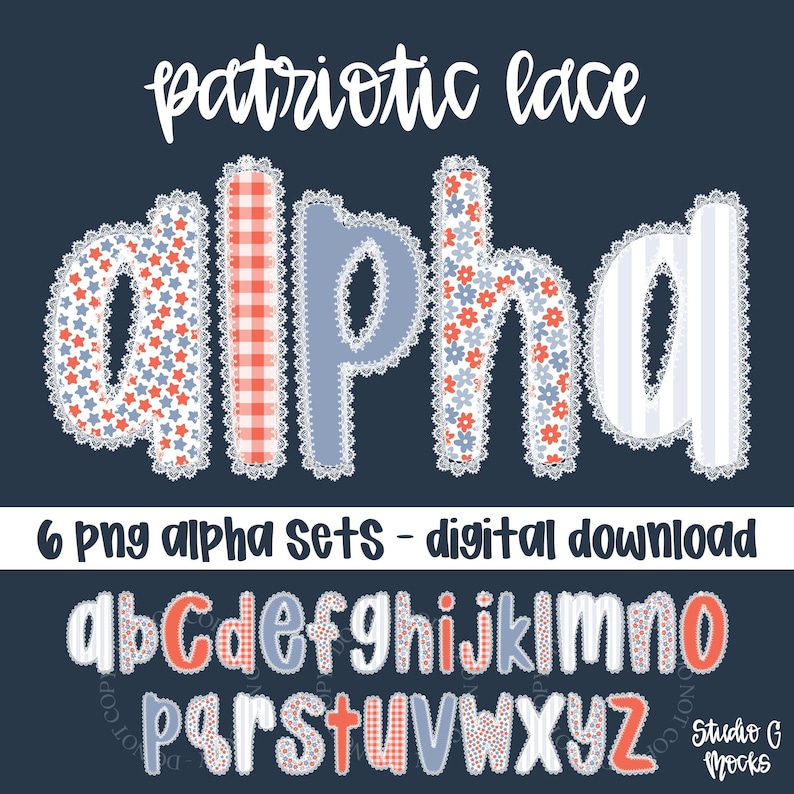 Patriotic Lace Alpha PNG Digital Download, Fourth of July Alphabet Set ...
