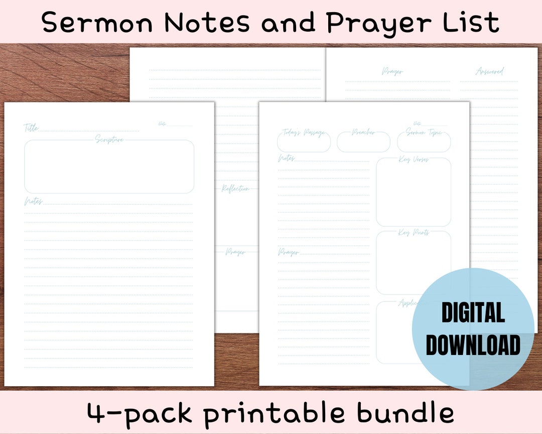 Blue Printable Sermon Notes and Prayer List Prayer Journal Sheets ...