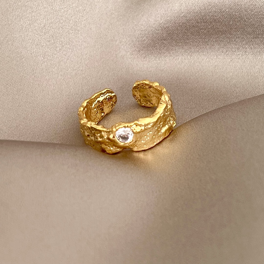 Irregular Adjustable Gold Ring With Zircon | Sterling Silver and 18K Gold Vermeil Ring ...