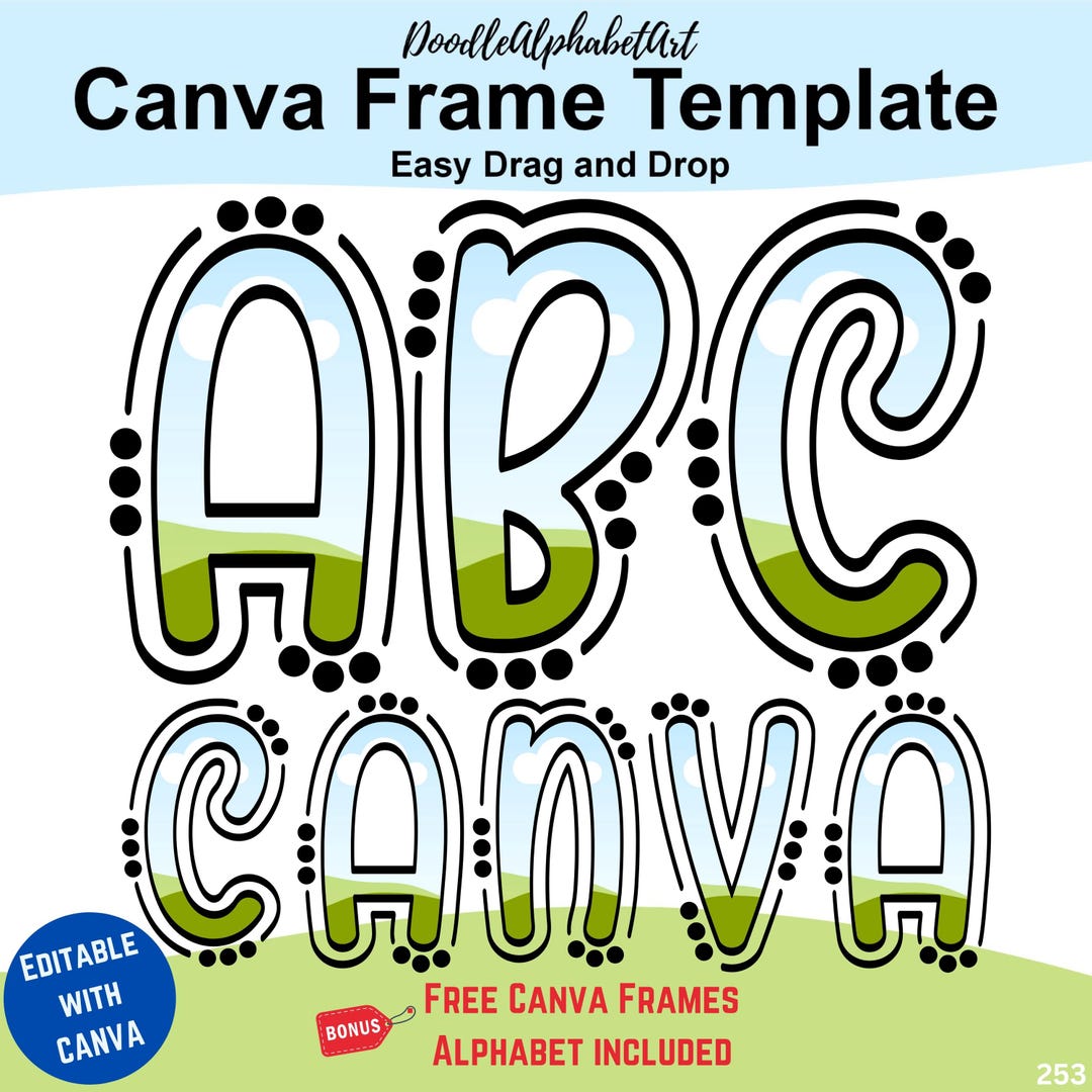 Canva Frames Outlined Dots Alphabets Doodle, Drag and Drop Photos or ...