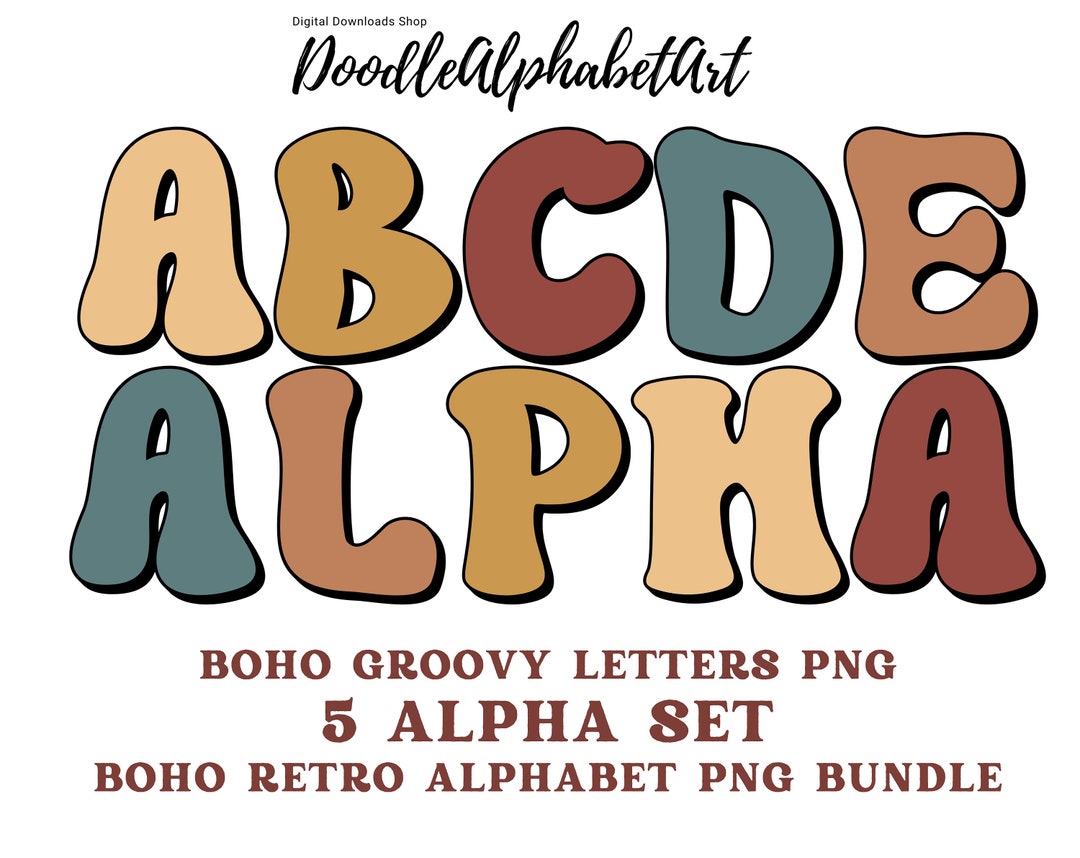 Boho Groovy Letters PNG in 5 Alpha Set, Doodle Boho Retro Alphabet PNG ...