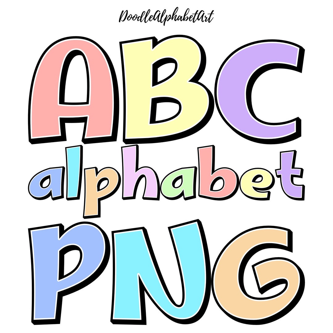 Doodle Retro Alphabet Letters PNG Bundle, Pastel Color Palette, Bold ...